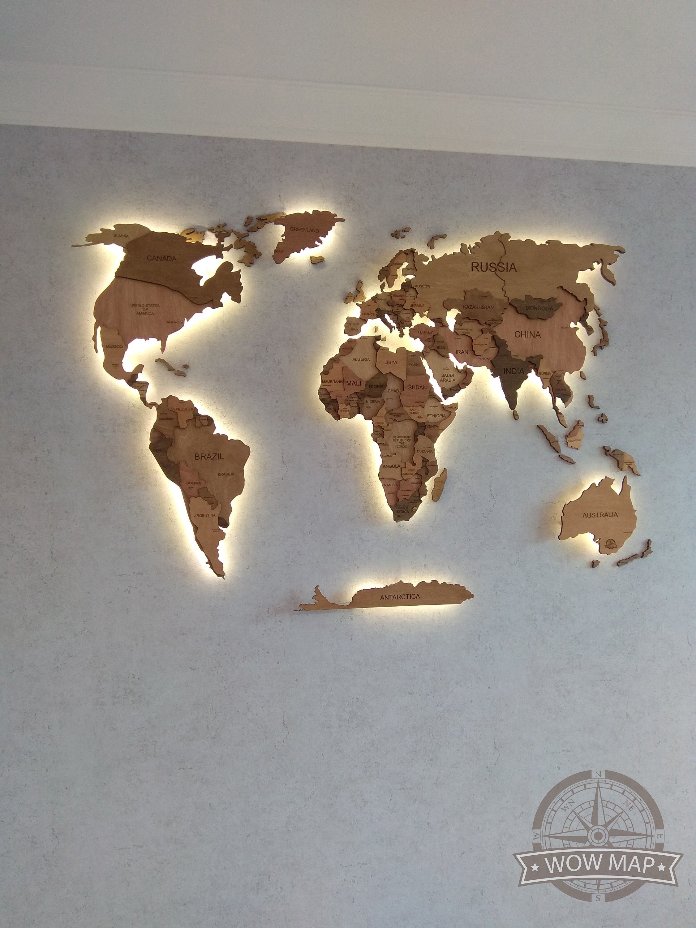 3D Wood Push Pin Map World Map Wall Art Plug in Wall Light Above Bed ...