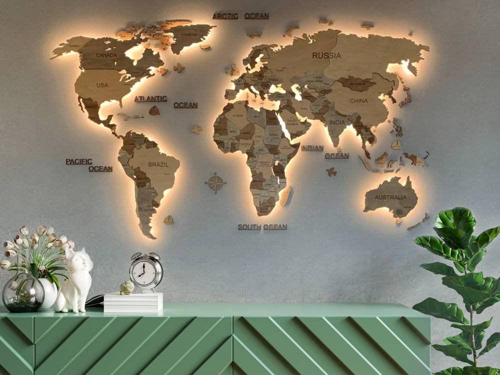 3D LED World Map, Above Bed Decor, Plug in Wall Light, Custom Led Light, Push-pin Wood Wall Map ...