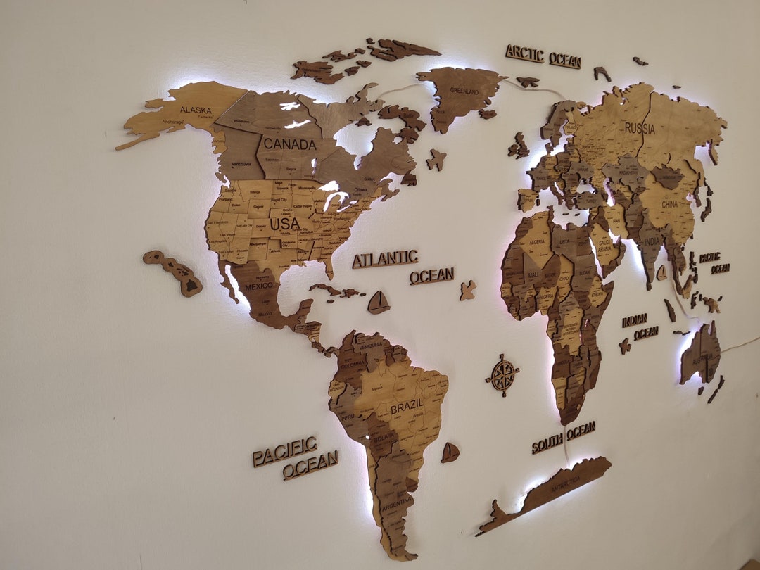3d Wooden Map Led, Wooden Map Led, 3d Led World Map, Wood Engraved Maps ...