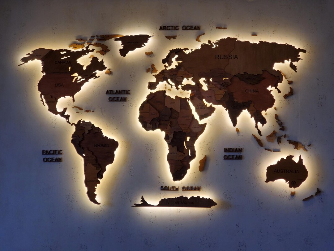 Smart LED Wood World Map – Voice Controlled, Handmade Wall Decor - Etsy