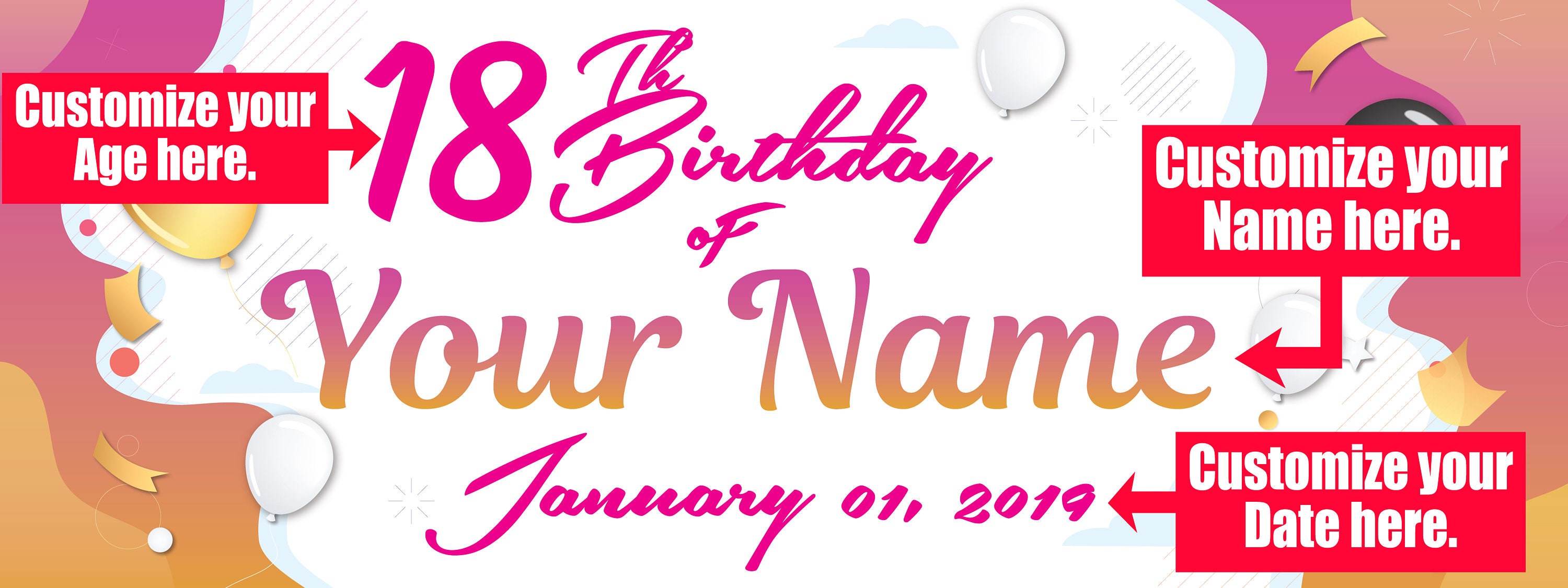 18th Birthday Banner Custom Name Pink Gold Balloon | Etsy