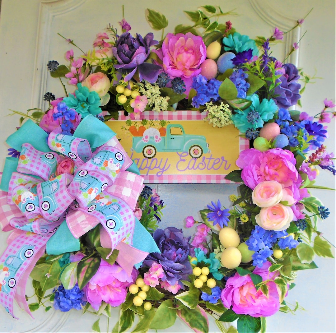 Easter Wreath for Front Door, Spring Floral Wreath, Large Easter Wreath ...