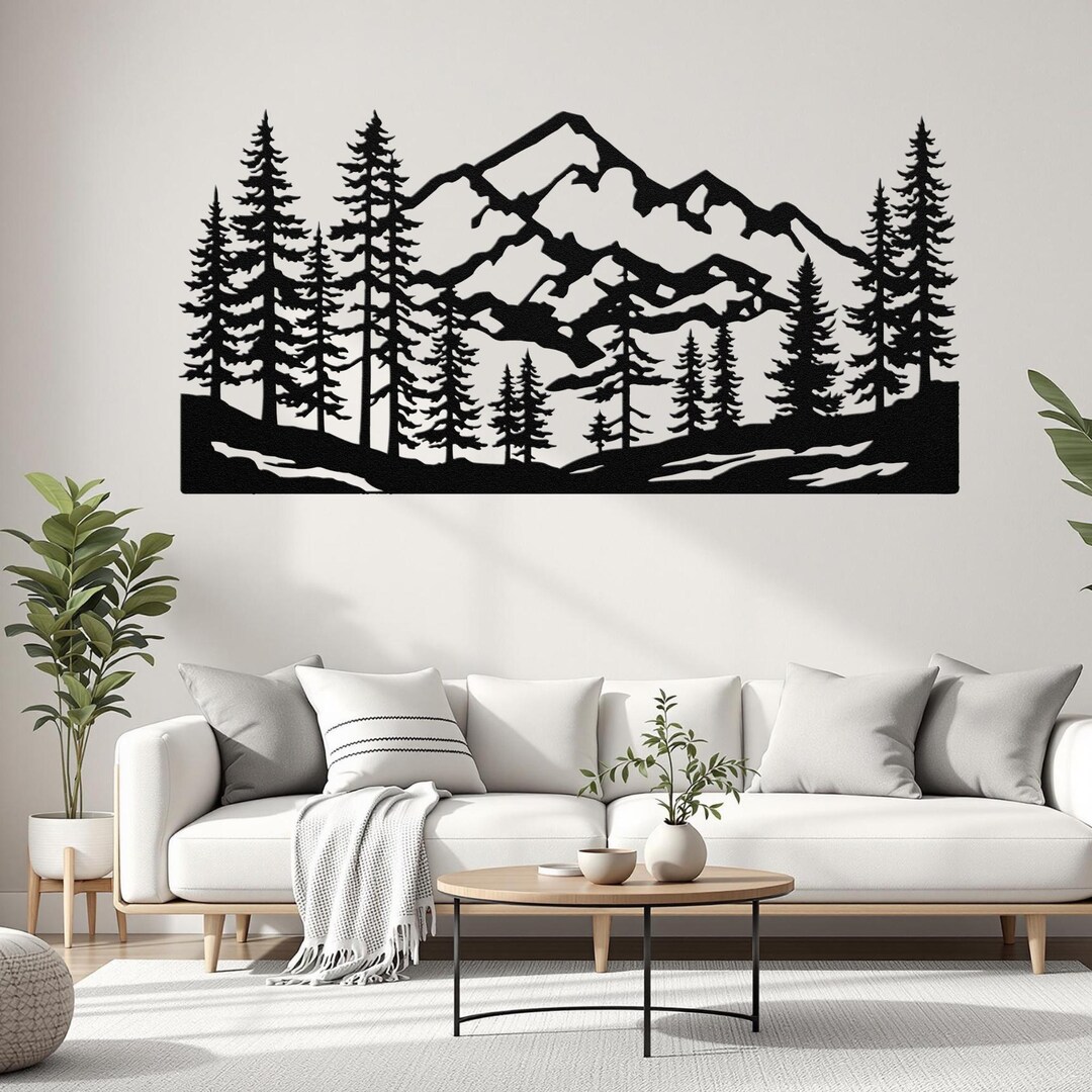 Mountain and Forest Metal Wall Decor, Evergreen Tree Wall Art, Rustic ...