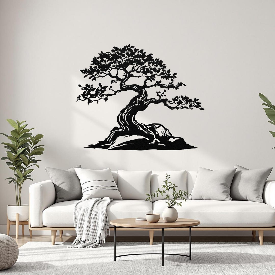 Zen Bonsai Metal Art – Japanese Tree Wall Sign – Modern Outdoor Rock ...