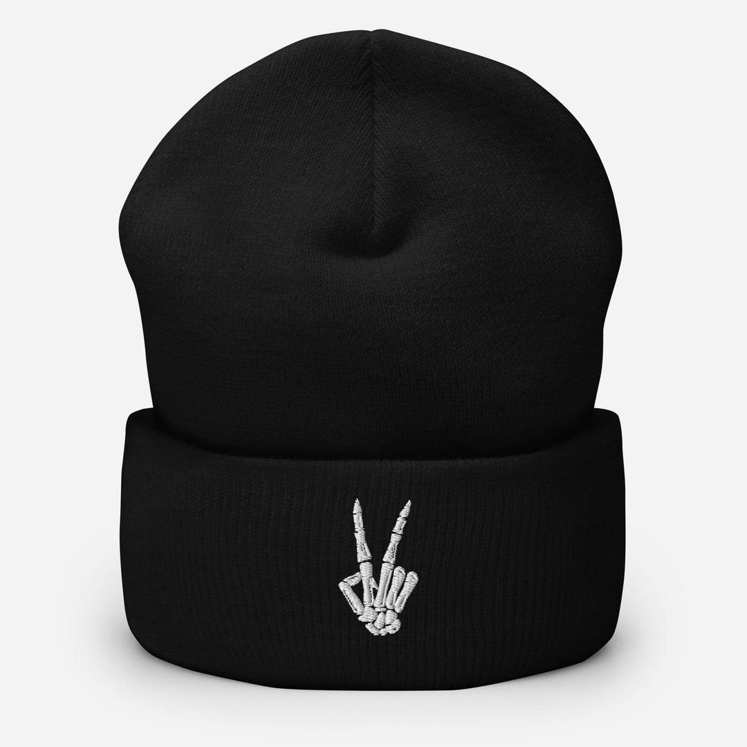 Embroidered Skeleton Peace Hand Sign Beanie | Unisex Cuffed Hat for ...