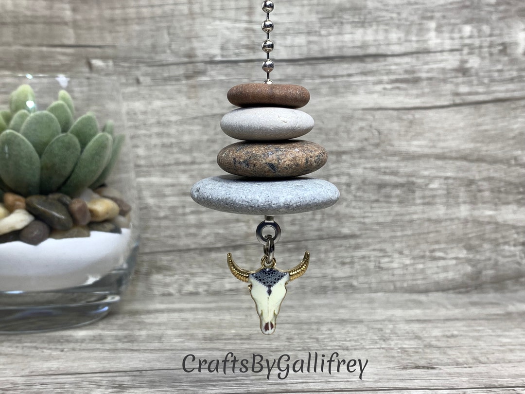 Handmade Cow Skull Beach Stone Light Pull Stacked Stone Ceiling Fan ...