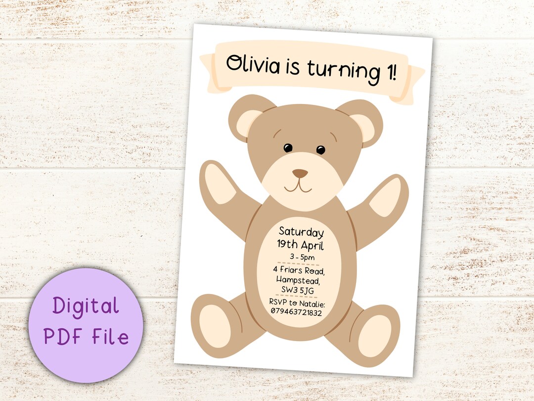 Personalised Teddy Invitation Printable / Digital Download PDF Teddy ...