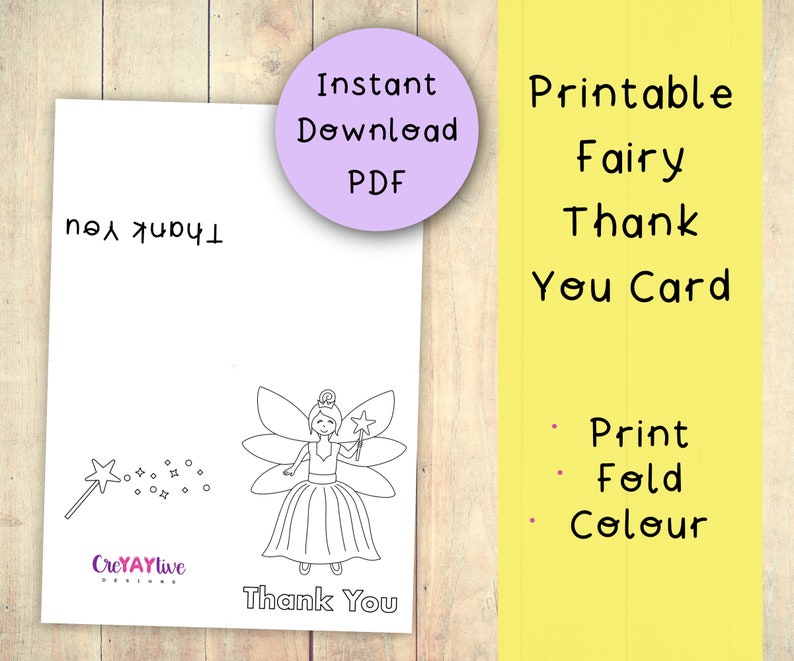 Printable Fairy Thank You Card / Kids Colouring Card / Instant Download ...