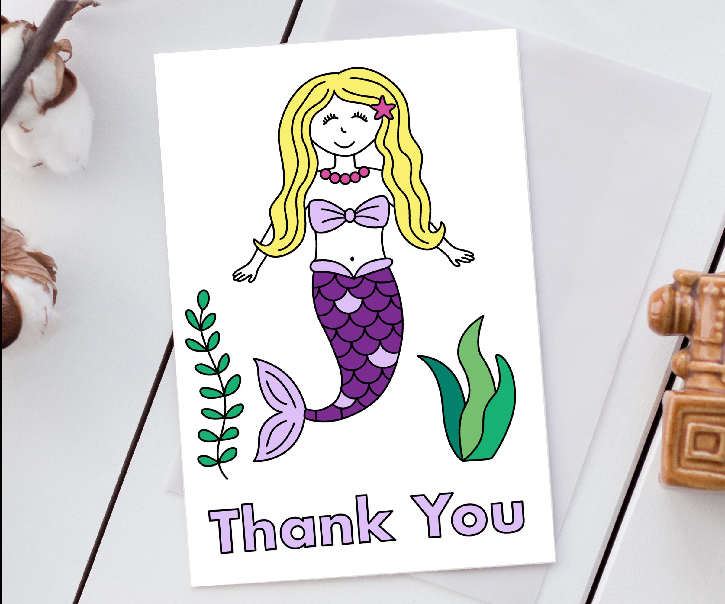 Printable Mermaid Thank You Card: Kids Colouring Activity (PDF) - Etsy
