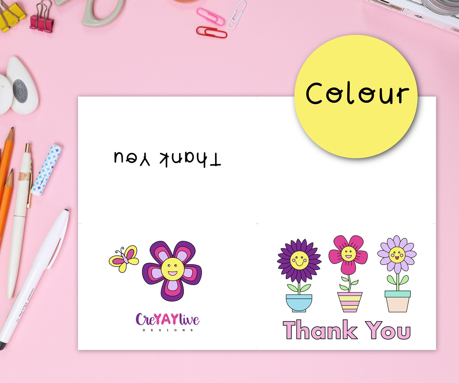 Printable Flower Thank You Card / Kids Colouring Card / | Etsy