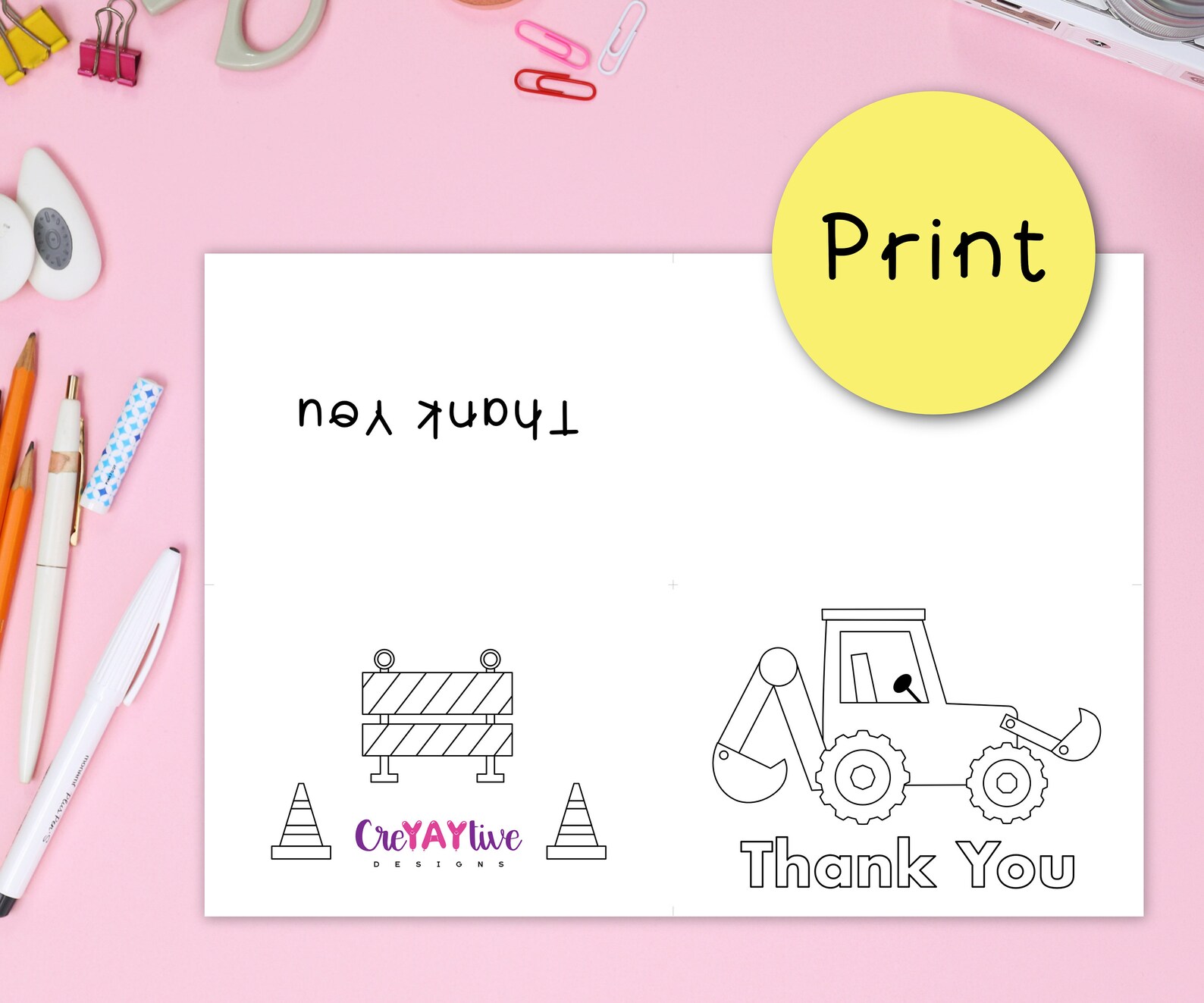 Printable Construction Thank You Card: Kids Coloring Activity (digital ...