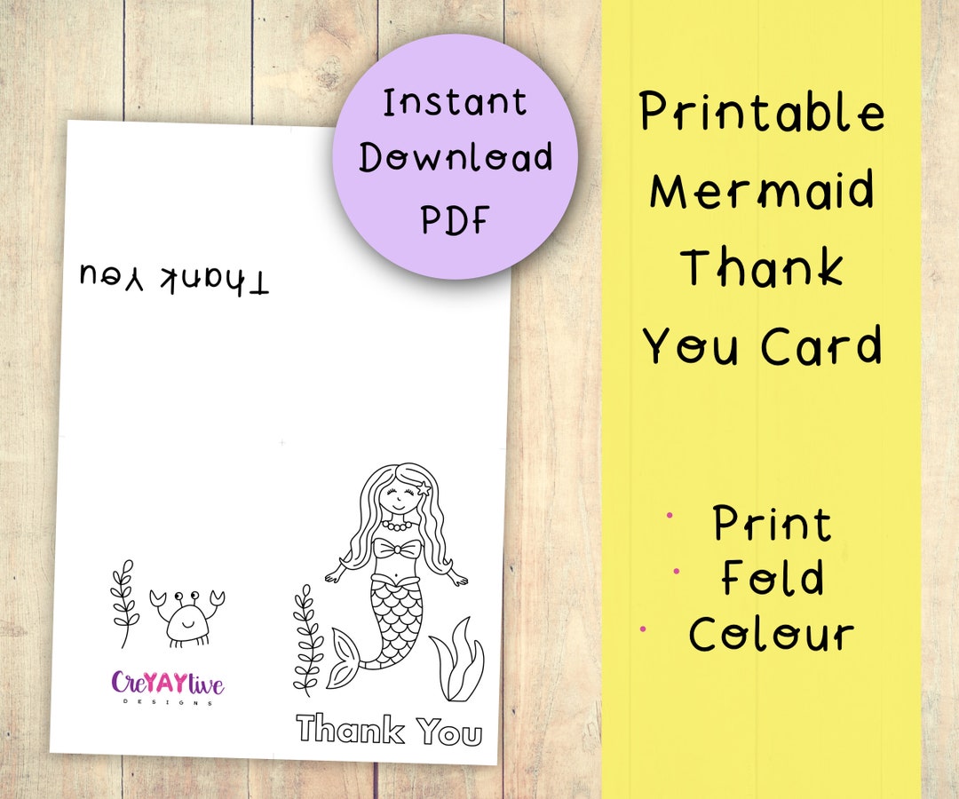 Printable Mermaid Thank You Card: Kids Colouring Activity (PDF) - Etsy