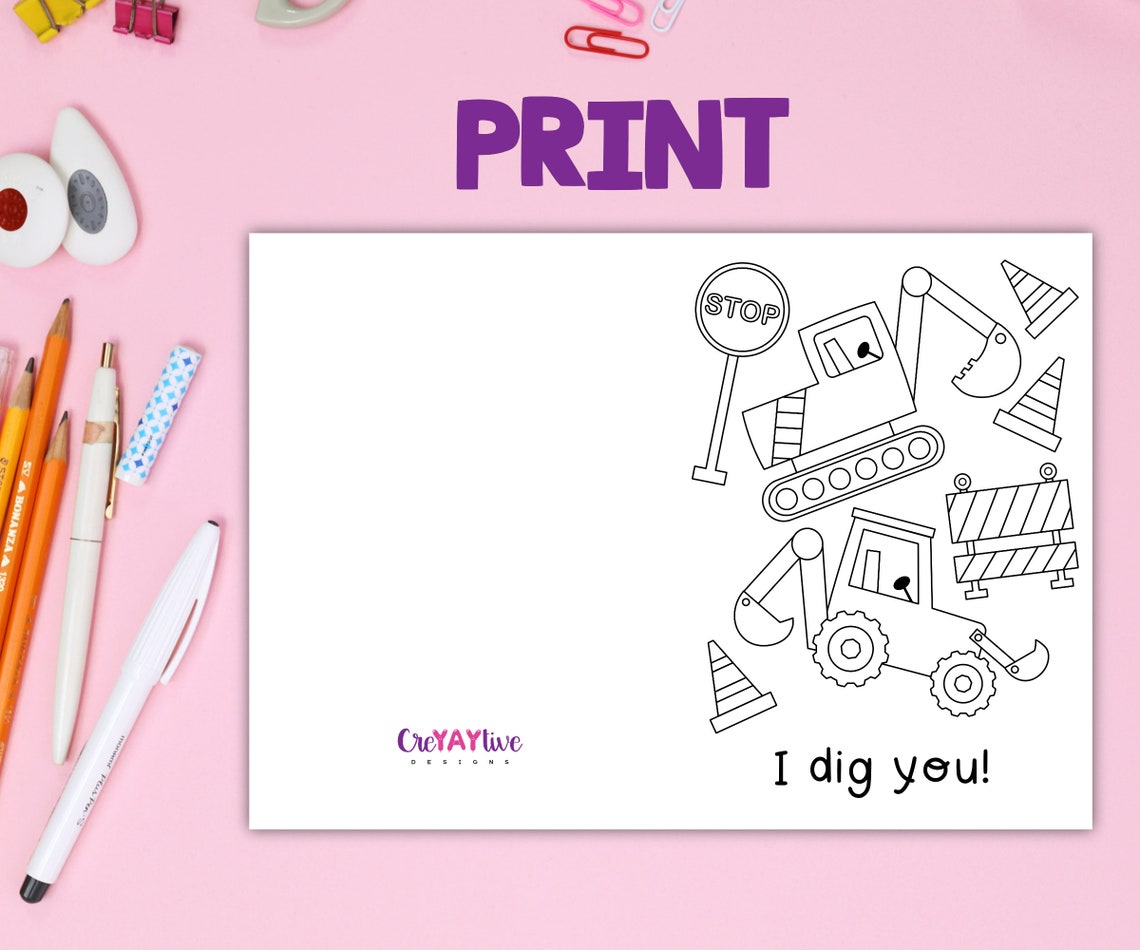 Printable Digger Colour in Card / Kids Valentines Colouring | Etsy