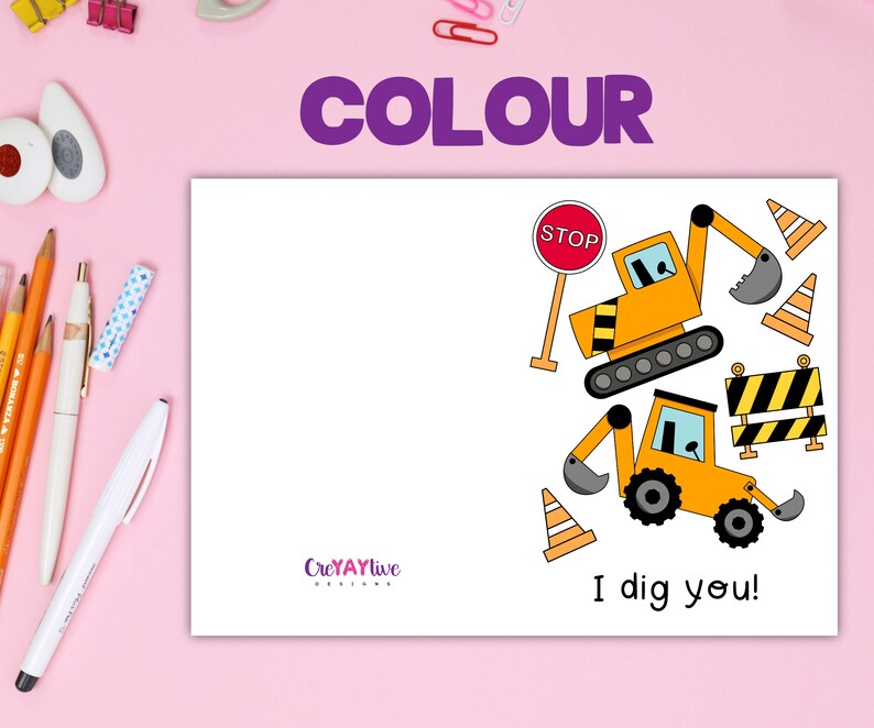 Printable Digger Colour in Card / Kids Valentines Colouring | Etsy