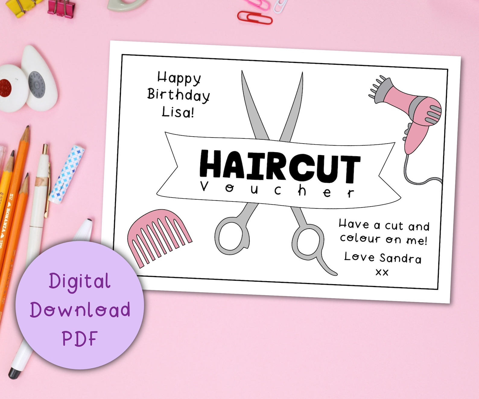 Haircut Gift Voucher Coupon Printable Digital Download PDF / Female ...
