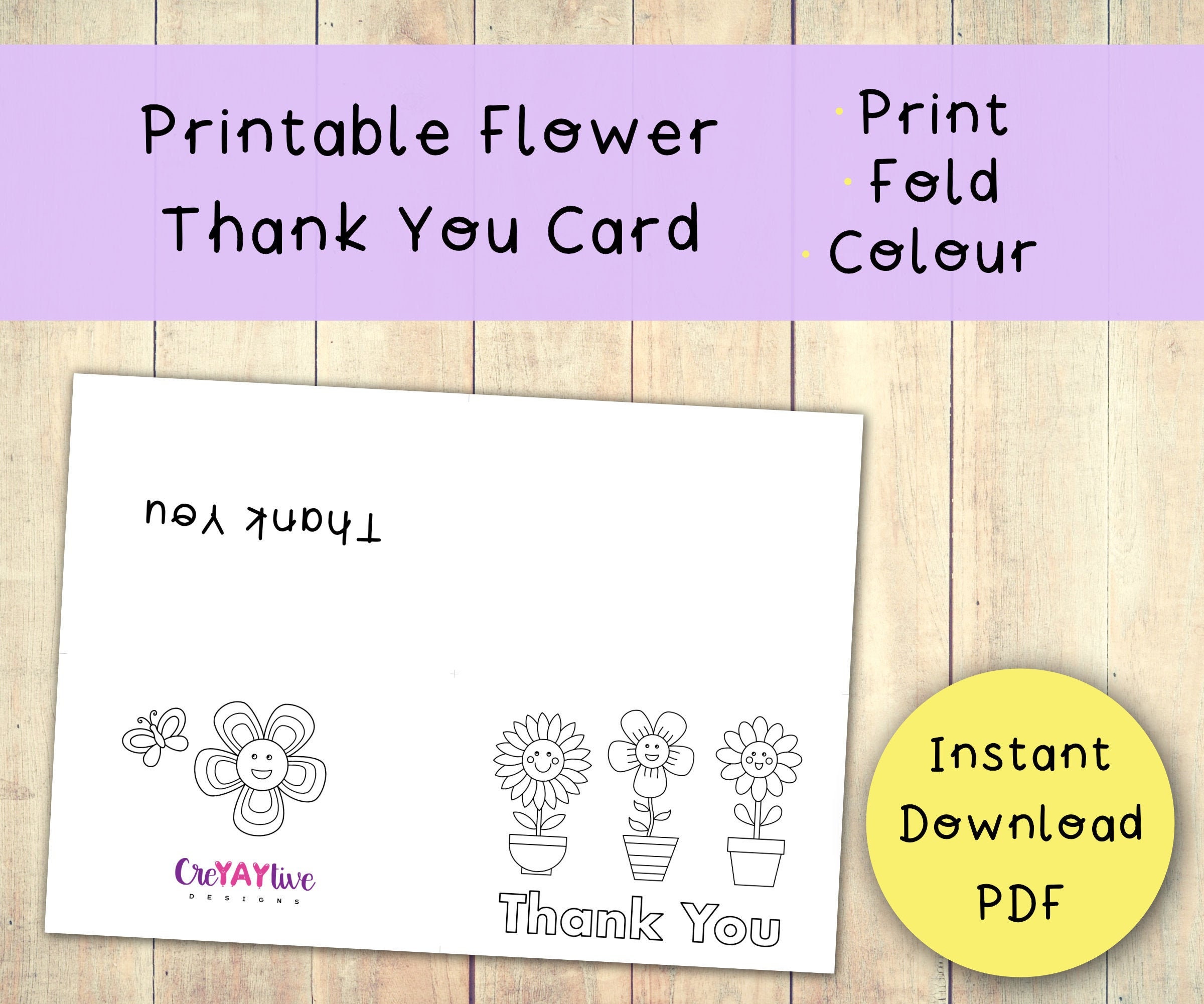 Printable Flower Thank You Card / Kids Colouring Card / Instant ...