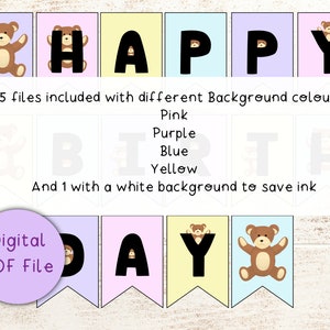 Printable Teddy Bear Happy Birthday Bunting / Bear Banner Birthday PDF ...