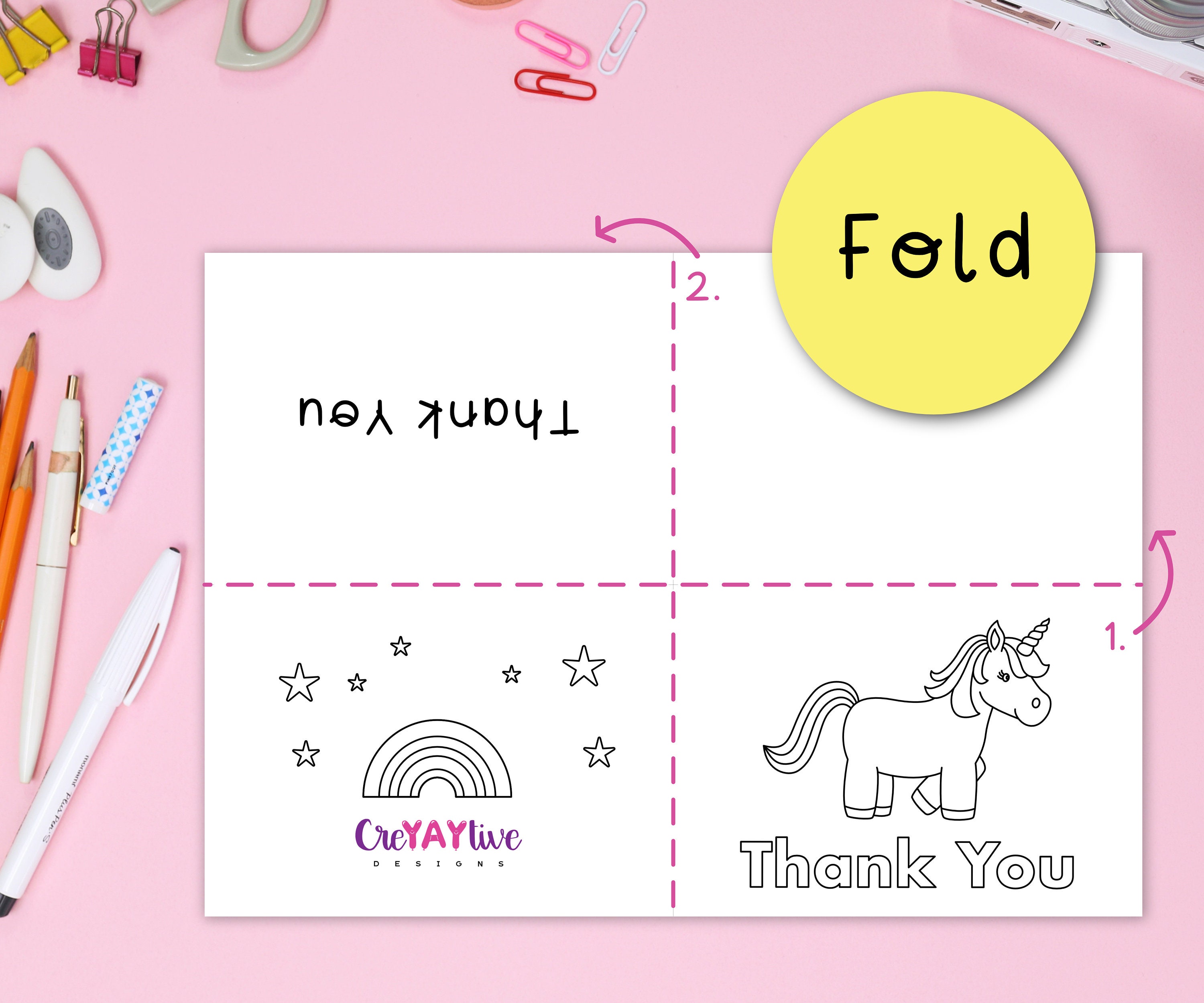 Printable Unicorn Thank You Card / Kids Colouring Card / Instant ...
