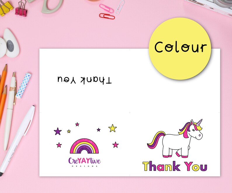 Printable Unicorn Thank You Card / Kids Colouring Card / Instant ...