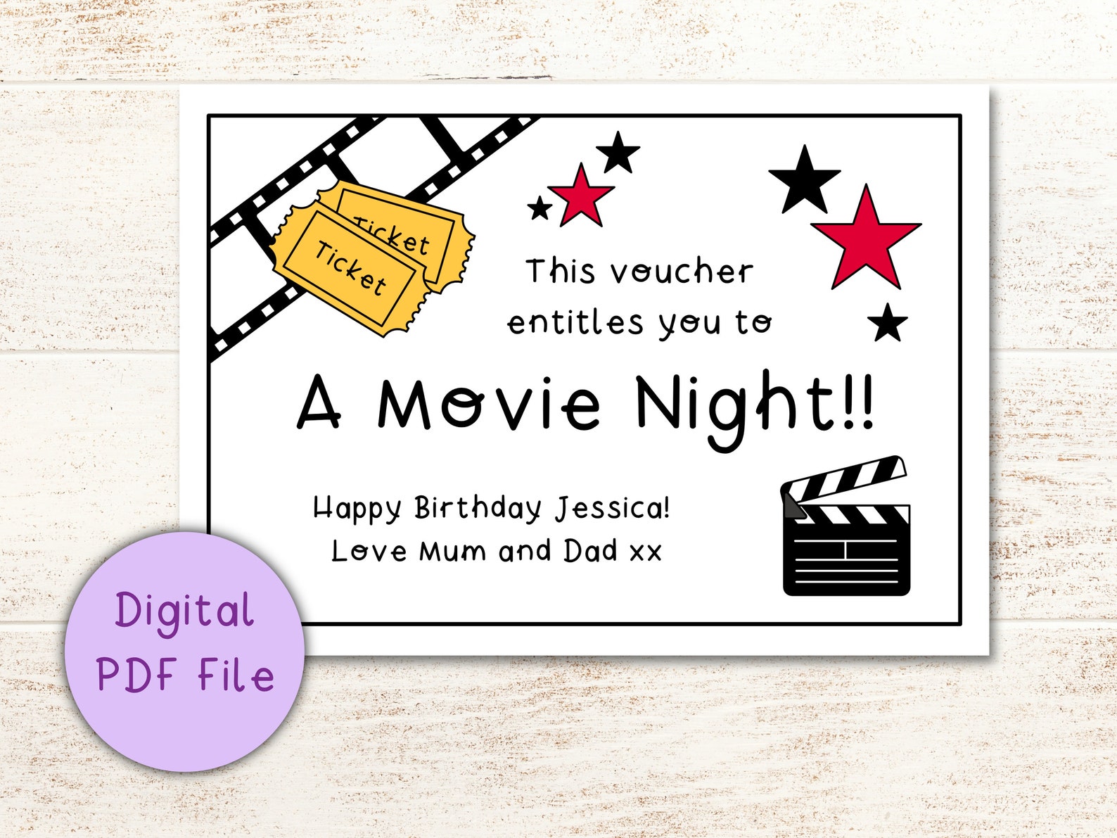 Movie Night Gift Voucher Coupon Printable Digital Download PDF / Stay ...