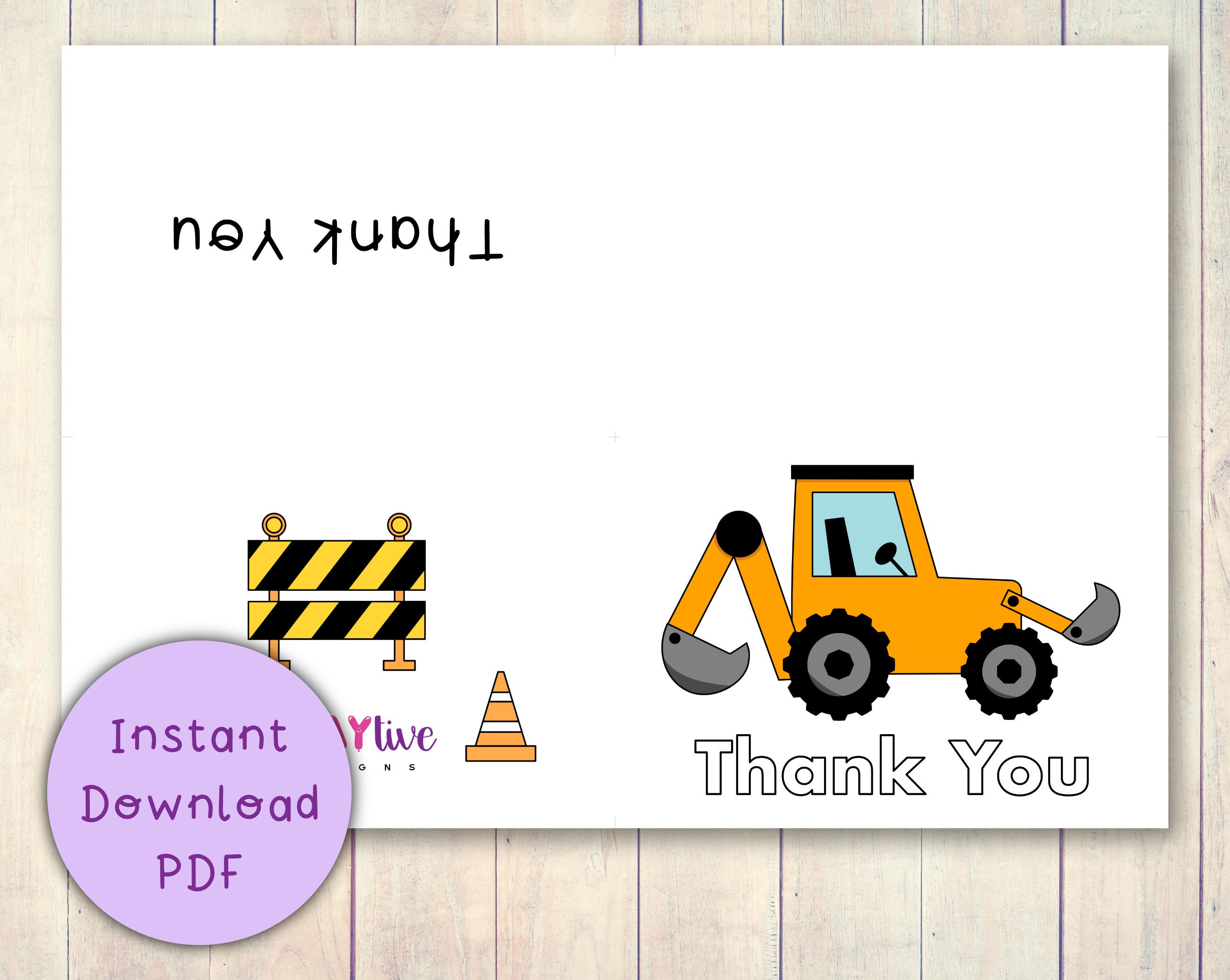 Printable Construction Thank You Card: Kids Coloring Activity (digital ...
