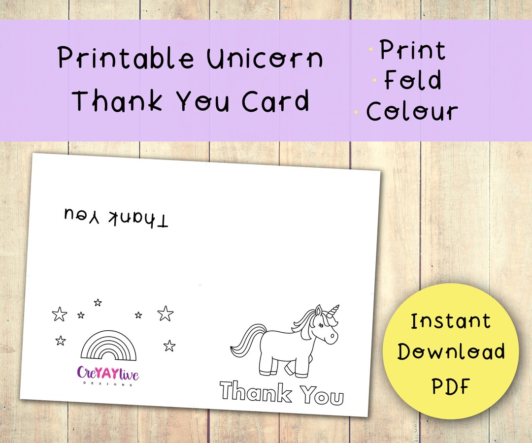 Printable Unicorn Thank You Card / Kids Colouring Card / Instant ...