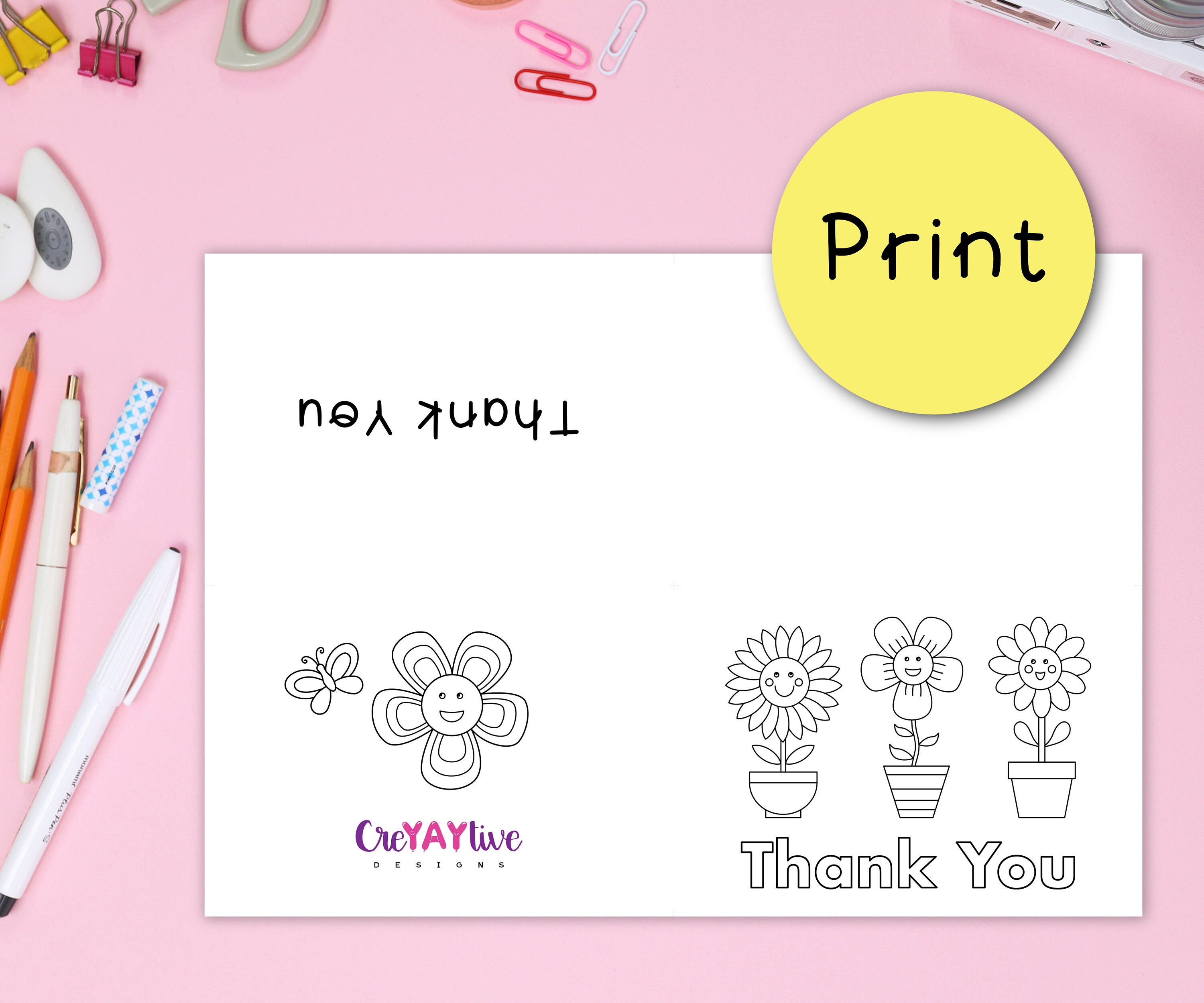 Printable Flower Thank You Card: Kids Colouring Activity (PDF) - Etsy
