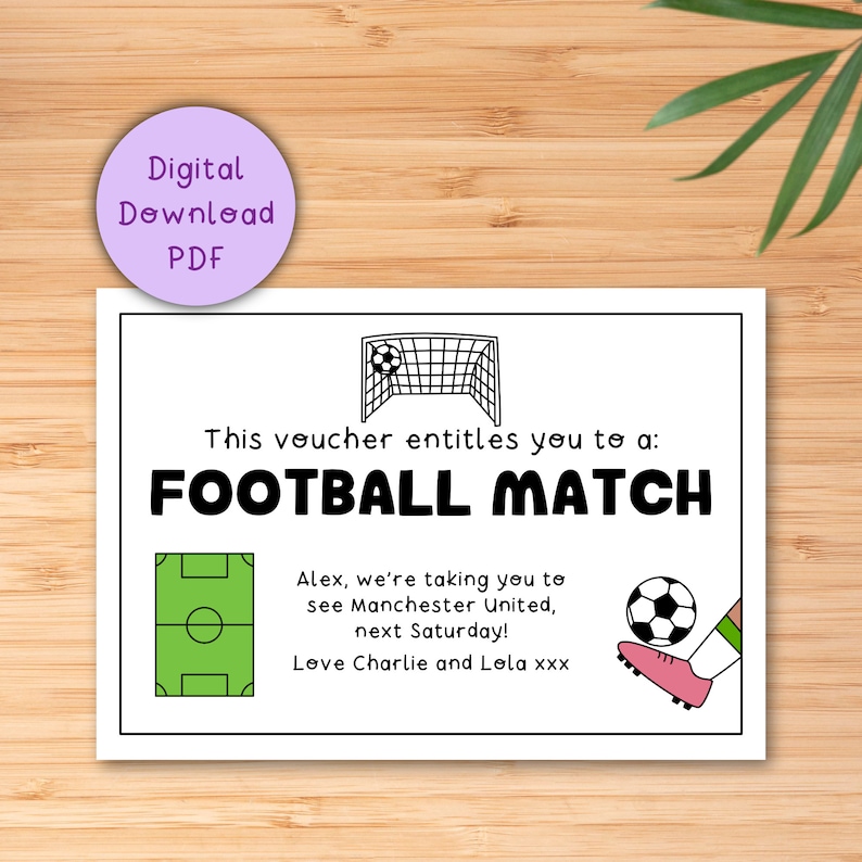 Football Match Voucher Printable PDF Coupon / Last Minute Gift / Friend ...