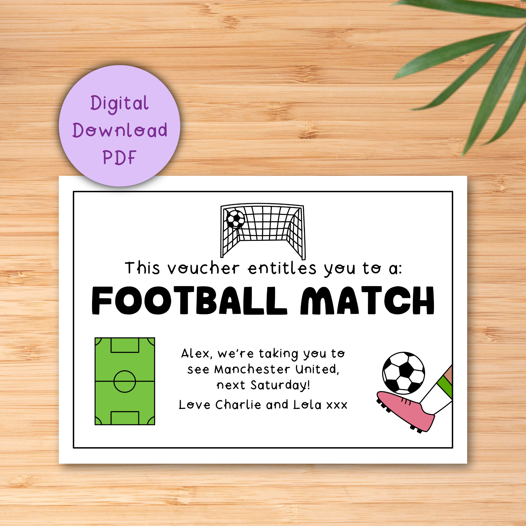 Football Match Voucher Printable PDF Coupon / Last Minute Gift / Friend ...