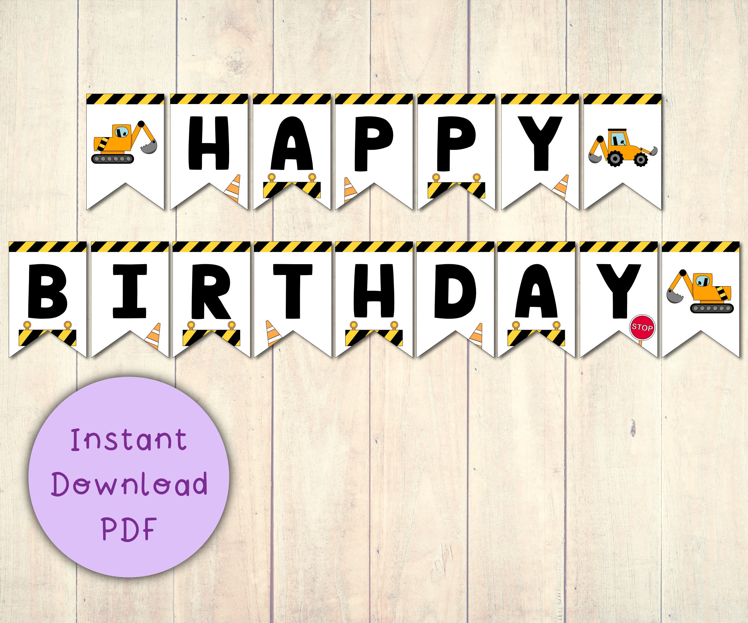 Printable Construction Happy Birthday Bunting / Digger Banner Birthday ...