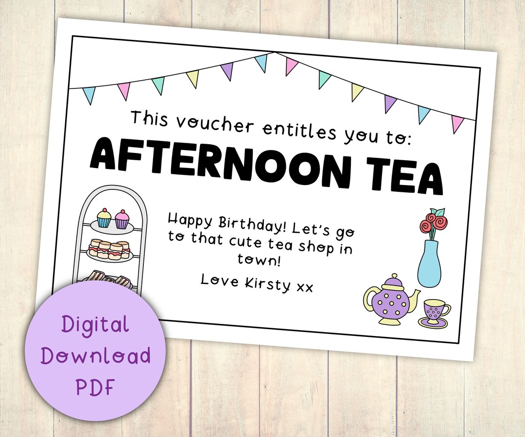 Afternoon Tea Gift Voucher: Printable Birthday Coupon (PDF) - Etsy