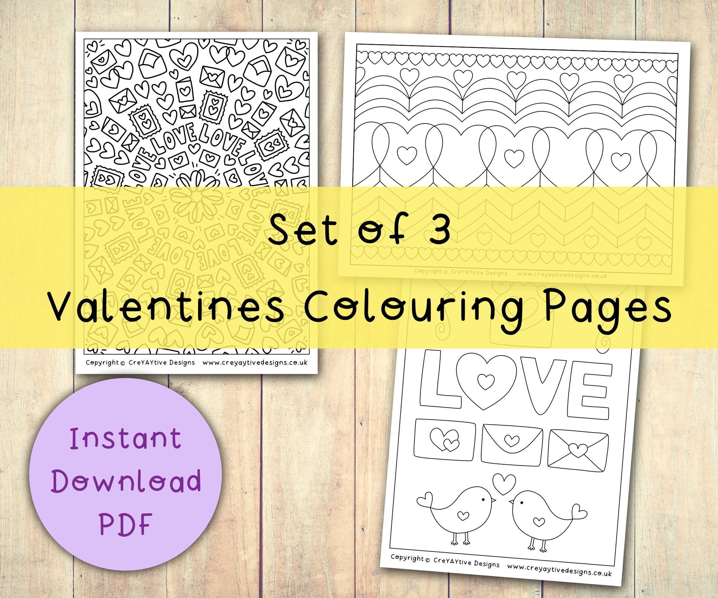 Printable Valentine’s Colouring Pages / Set of 3 PDF / Instant Download ...