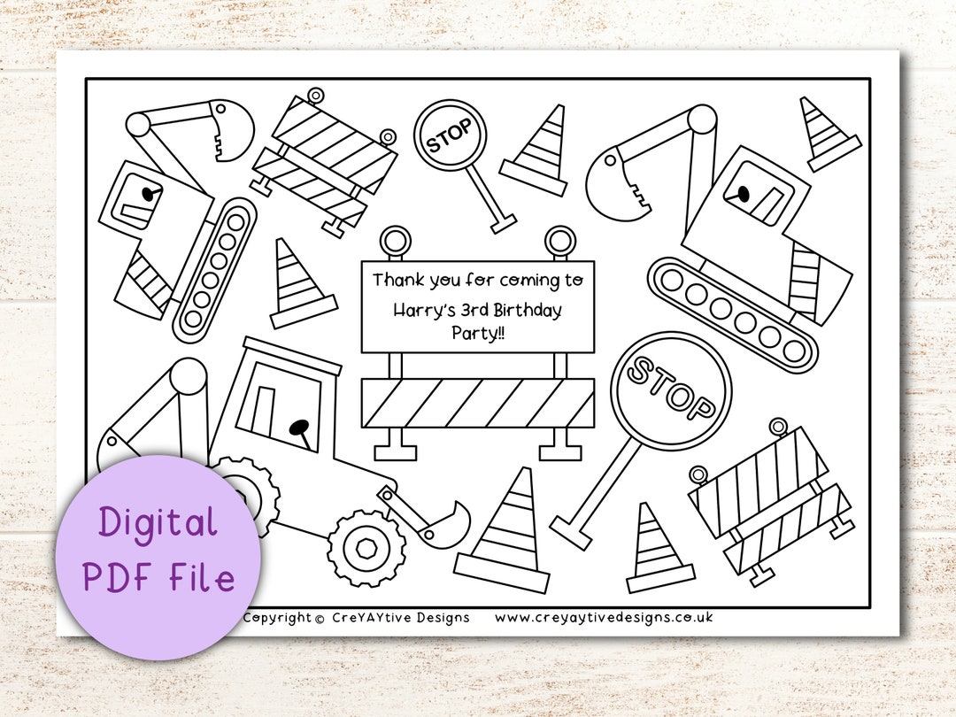Personalized Digger Birthday Party Coloring Page (digital Download) - Etsy
