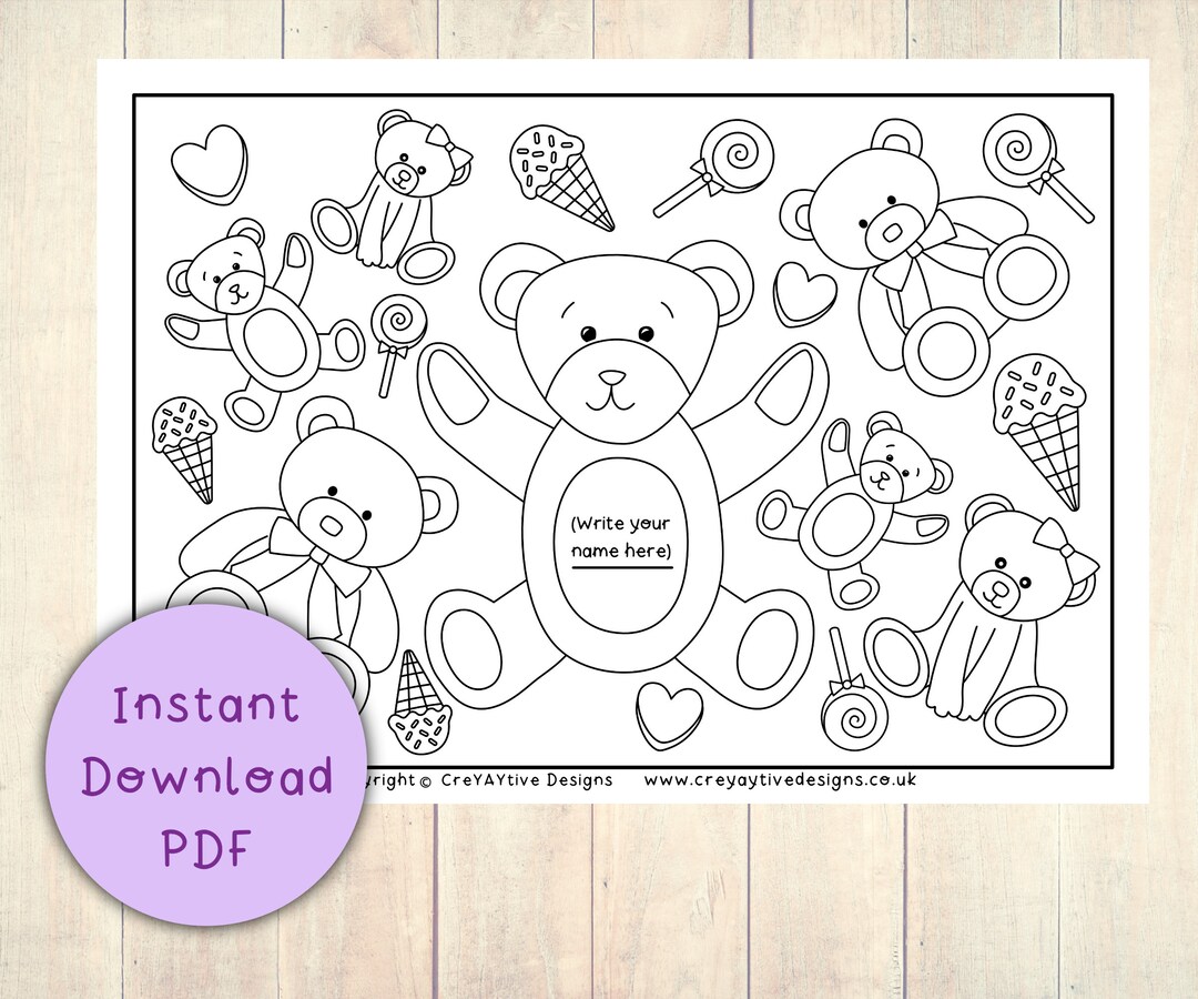Printable Teddy Bear Colouring Placemat / Digital Download Teddy Bear ...