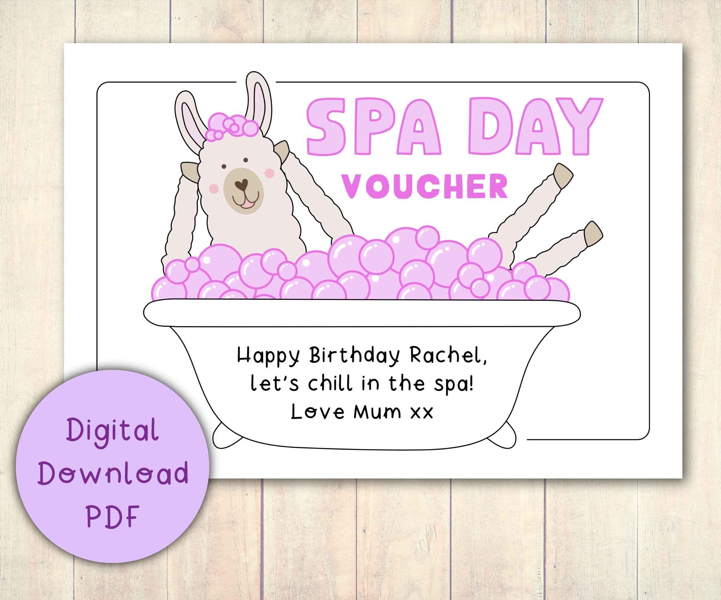 Llama Spa Day Gift Voucher Coupon Printable Digital Download PDF ...