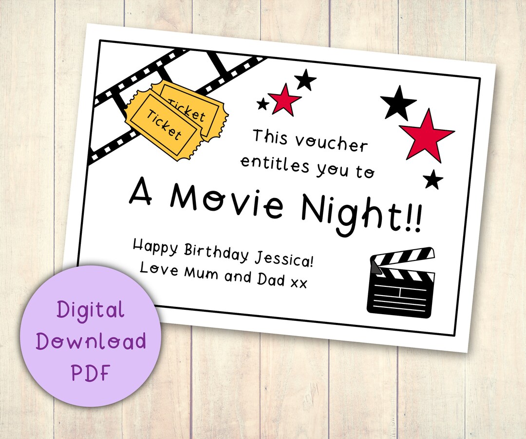 Movie Night Gift Voucher Coupon Printable Digital Download PDF / Stay ...