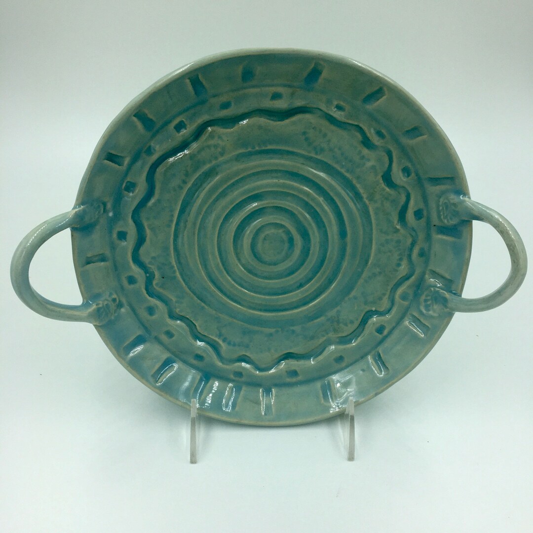 Handmade Carved Pottery Platter With Handles - Aqua Ceramic Tray - Etsy