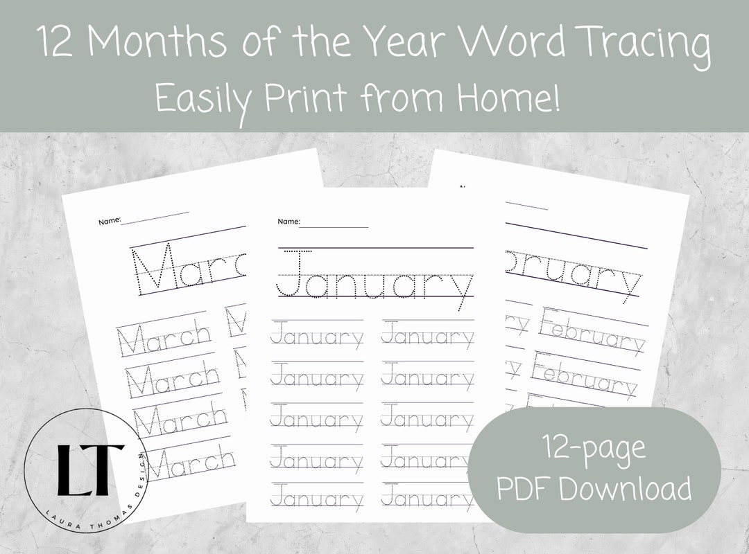 Months of the Year Tracing Practice, Handwriting Practice Sheets, Word ...