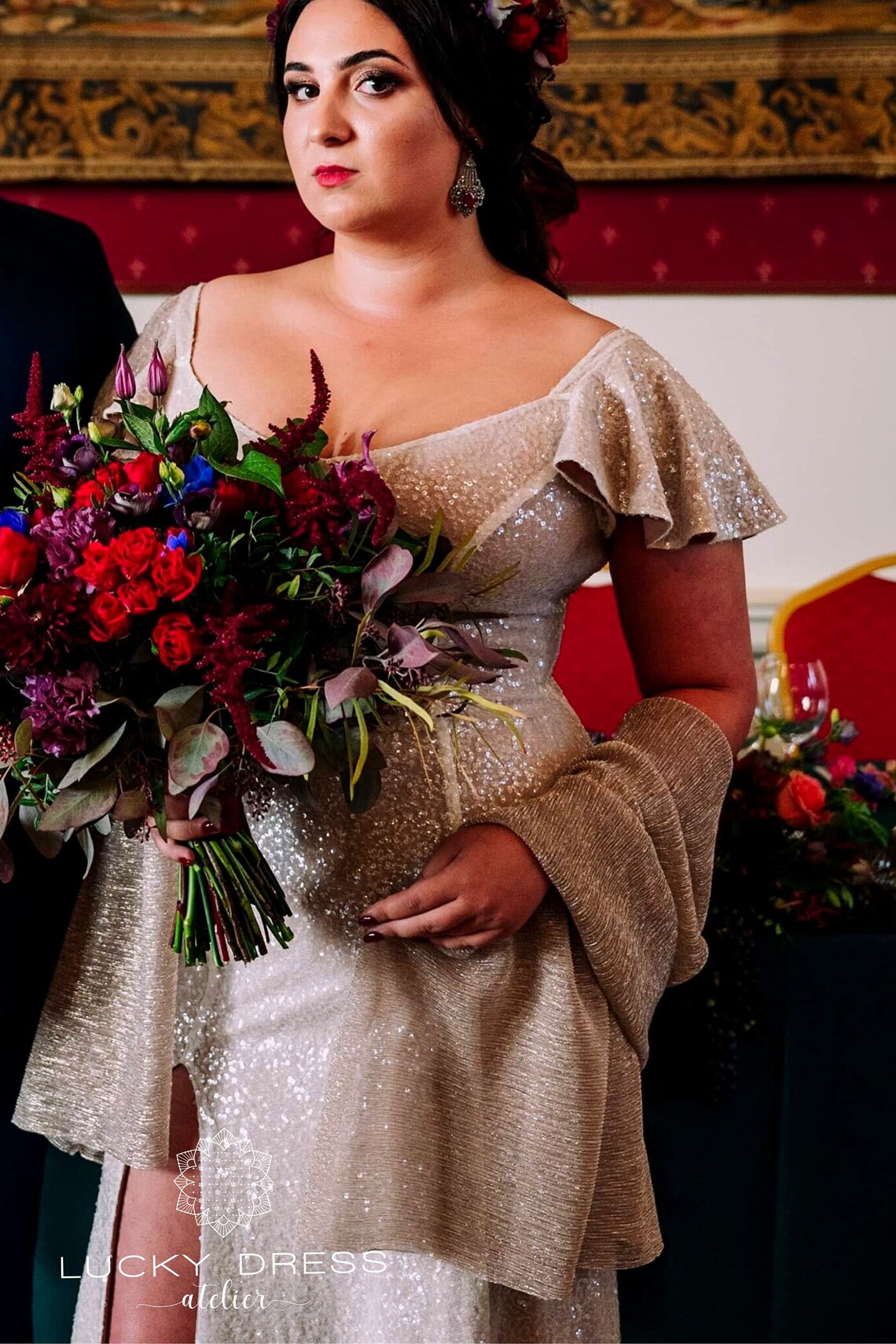 Plus Size Gold Wedding Dress Customised Glitter Wedding Gown Etsy