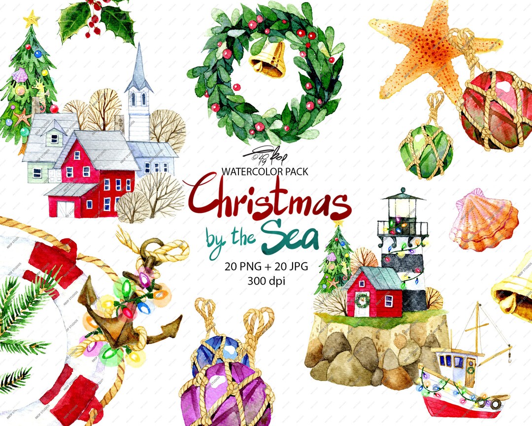 Christmas Clipart, Watercolor Clipart, Ocean, Nautical, Multi-pack ...