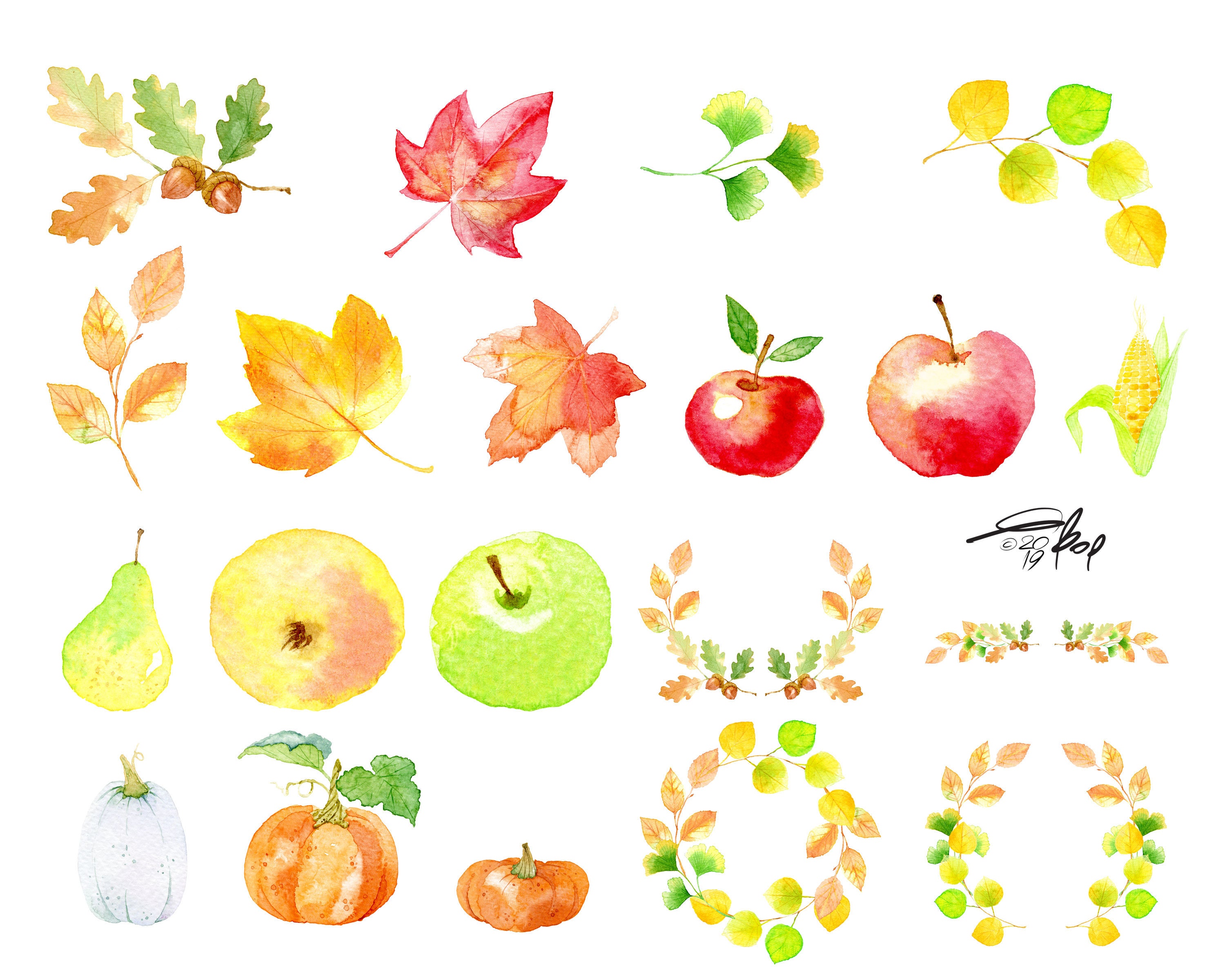 Autumn Clipart, Watercolor Clipart, Thanksgiving, Pumpkin, Leaves ...