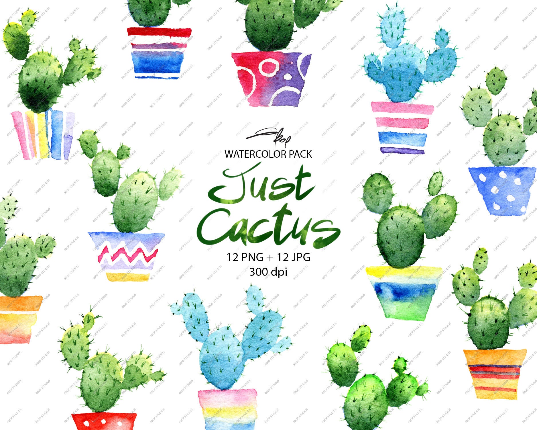 Cactus Clipart, Watercolor Clipart, Cactus, Green, Multi-pack ...