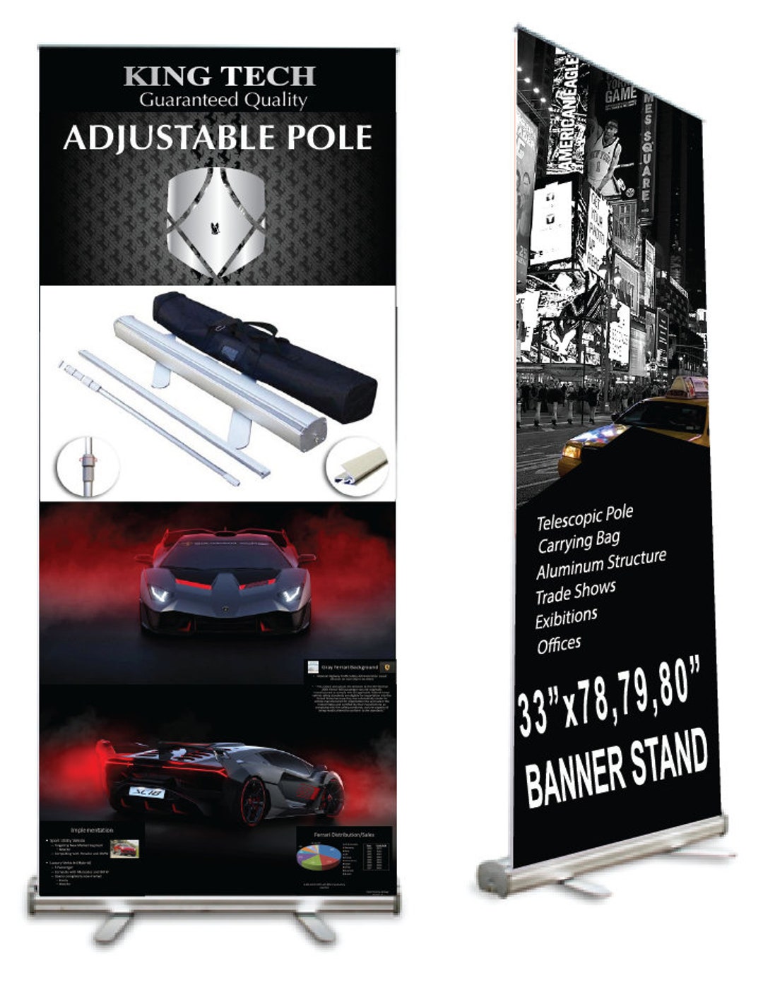 Retractable Roll up Adjustable Pole Banner Stand Display 33"x78",79",80 ...