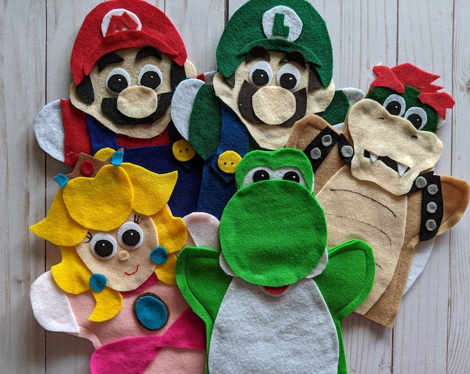 Super Mario Set of 5 Puppets, Super Mario, Luigi, Princess, Bowser ...