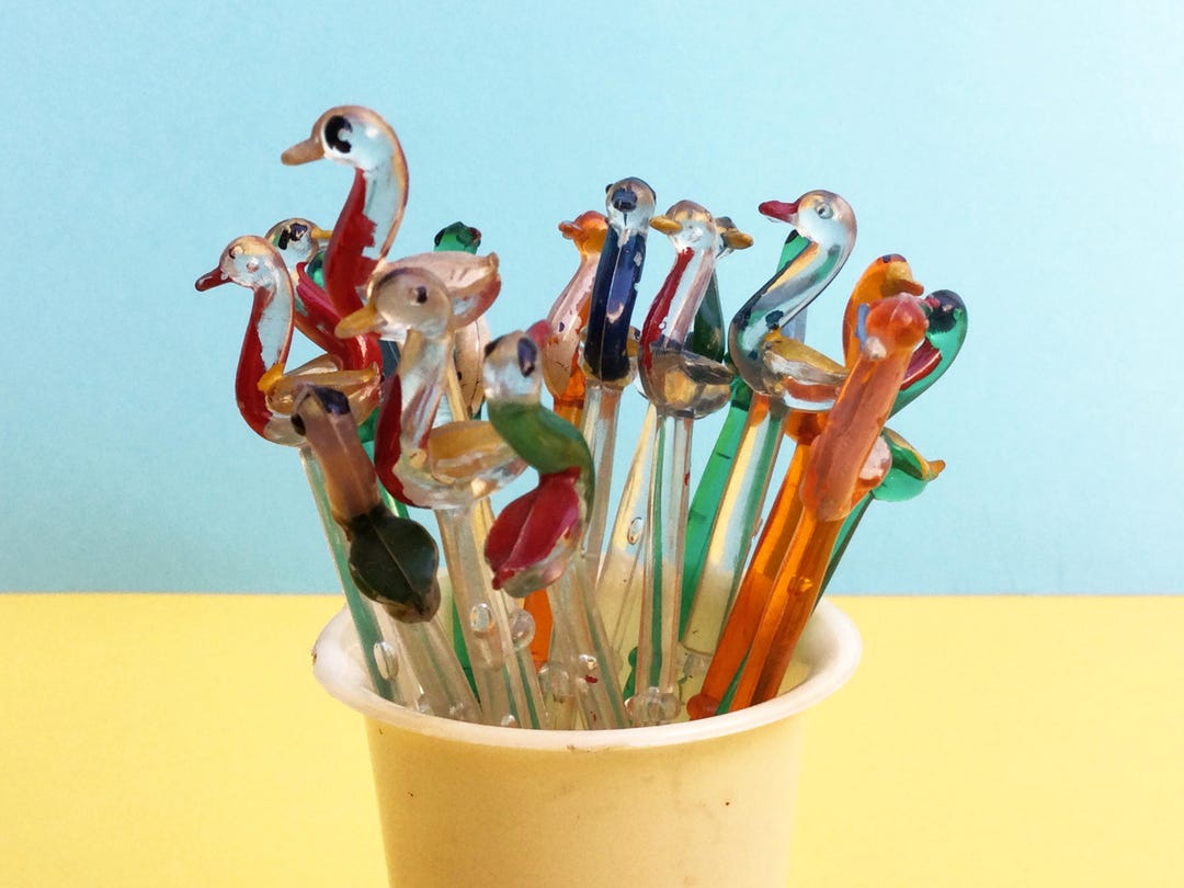 Vintage Party Picks in Pot, 18 Bird Cocktail Sticks, Reusable Food ...