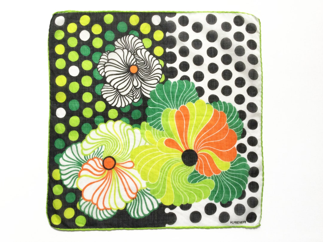 1960s Handkerchief, Kreier Switzerland, Flowers and Polka Dots, Neon ...