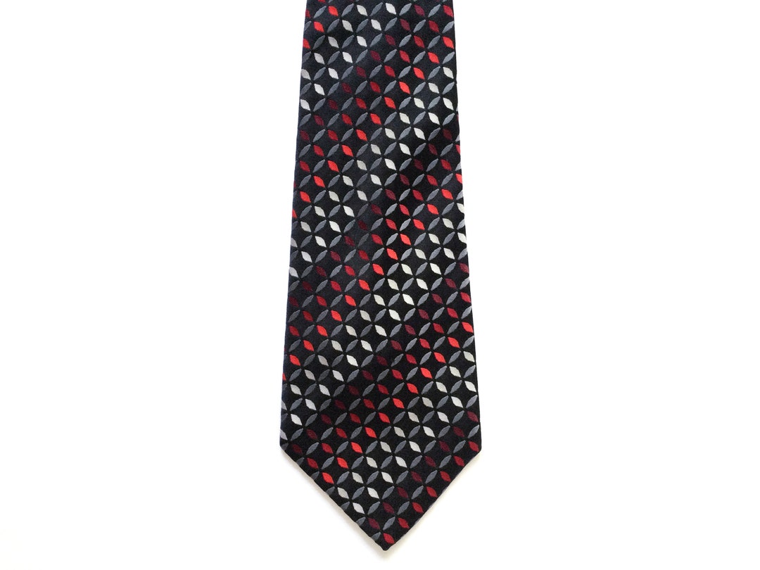 Vintage 70s Kipper Tie: Geometric Red, Grey, & White Pattern, Made in ...