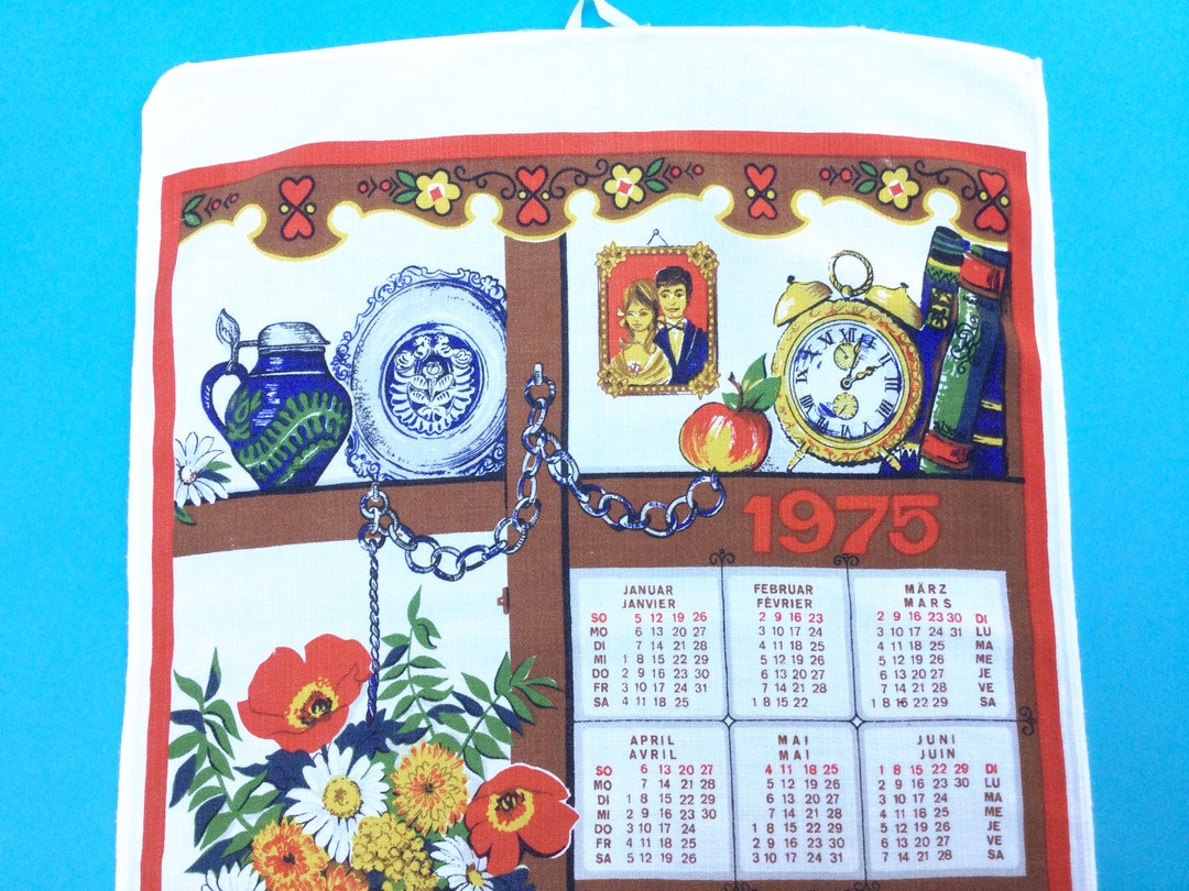 Vintage Tea Towel, 1975 Calendar Tea Towel, Swiss Tea Towel, Cotton ...