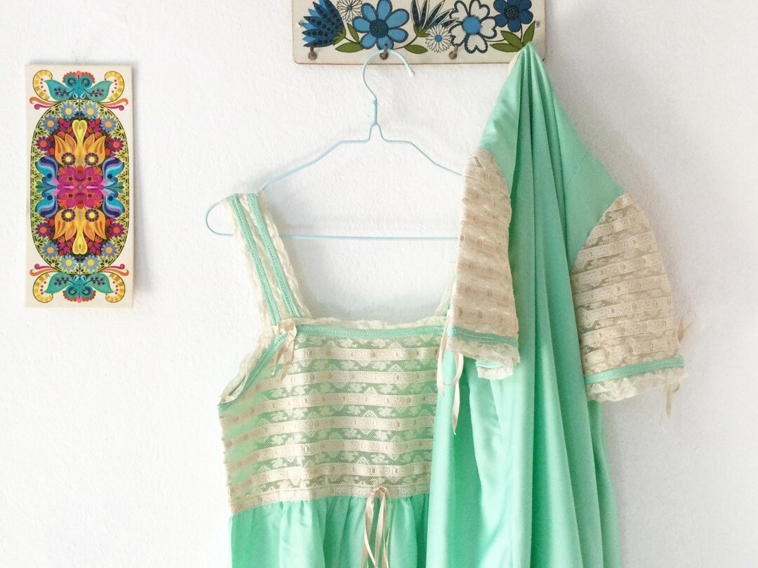 Vintage Nightie and Negligee Set, Green Satin and Ivory Lace, Maxi ...