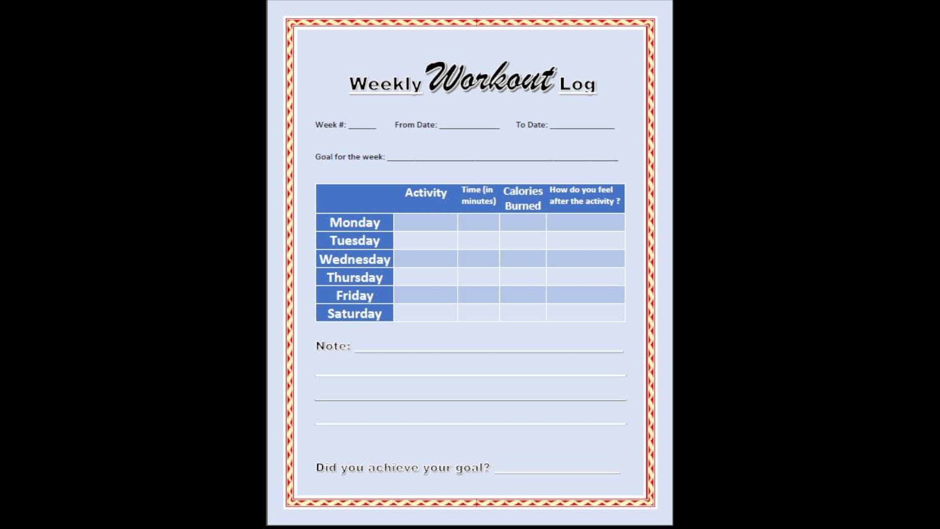 Weekly Workout Log Card - Etsy